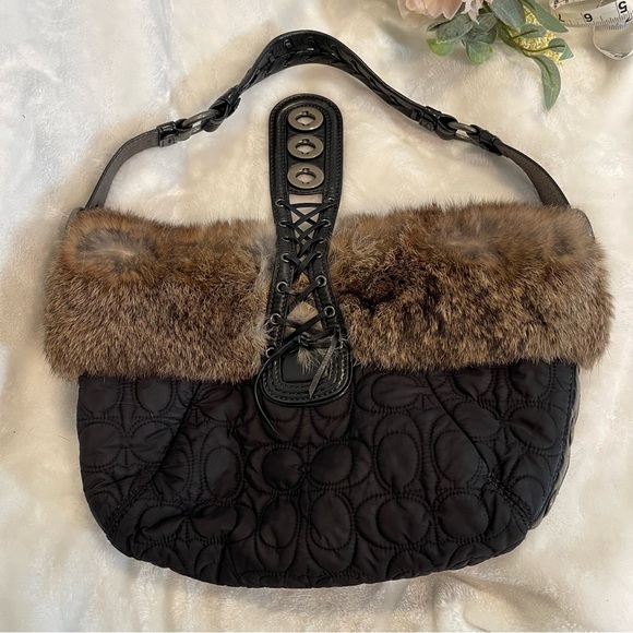 Coach | Bags | Coach Rabbit Fur And Leather Trim Quilted Nylon Shoulder ...